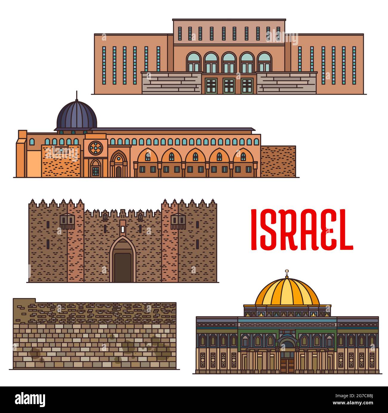 Israel landmark architecture, churches and temples buildings, vector ...