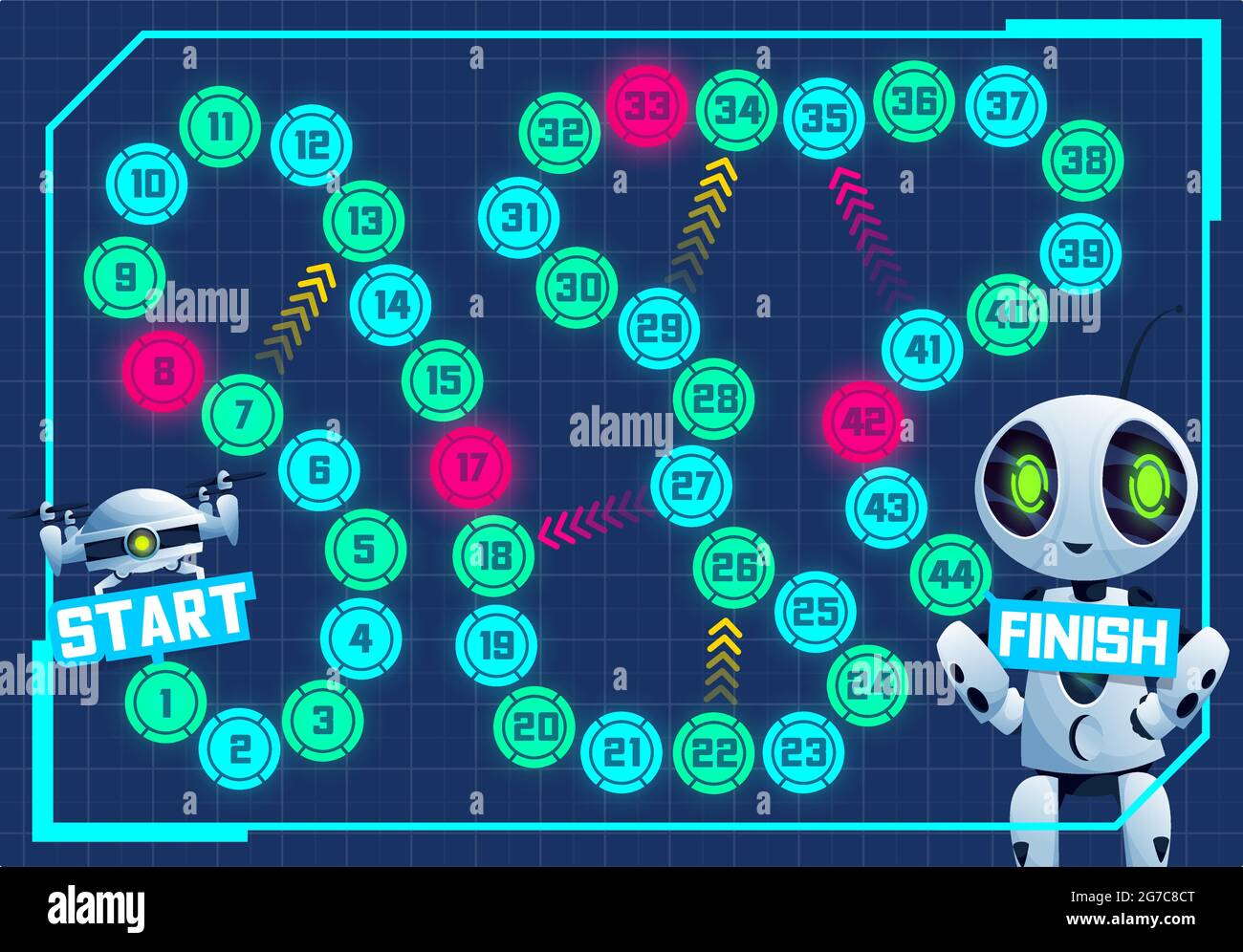 Boardgame with cartoon robot and drone, vector kids education. Start to ...