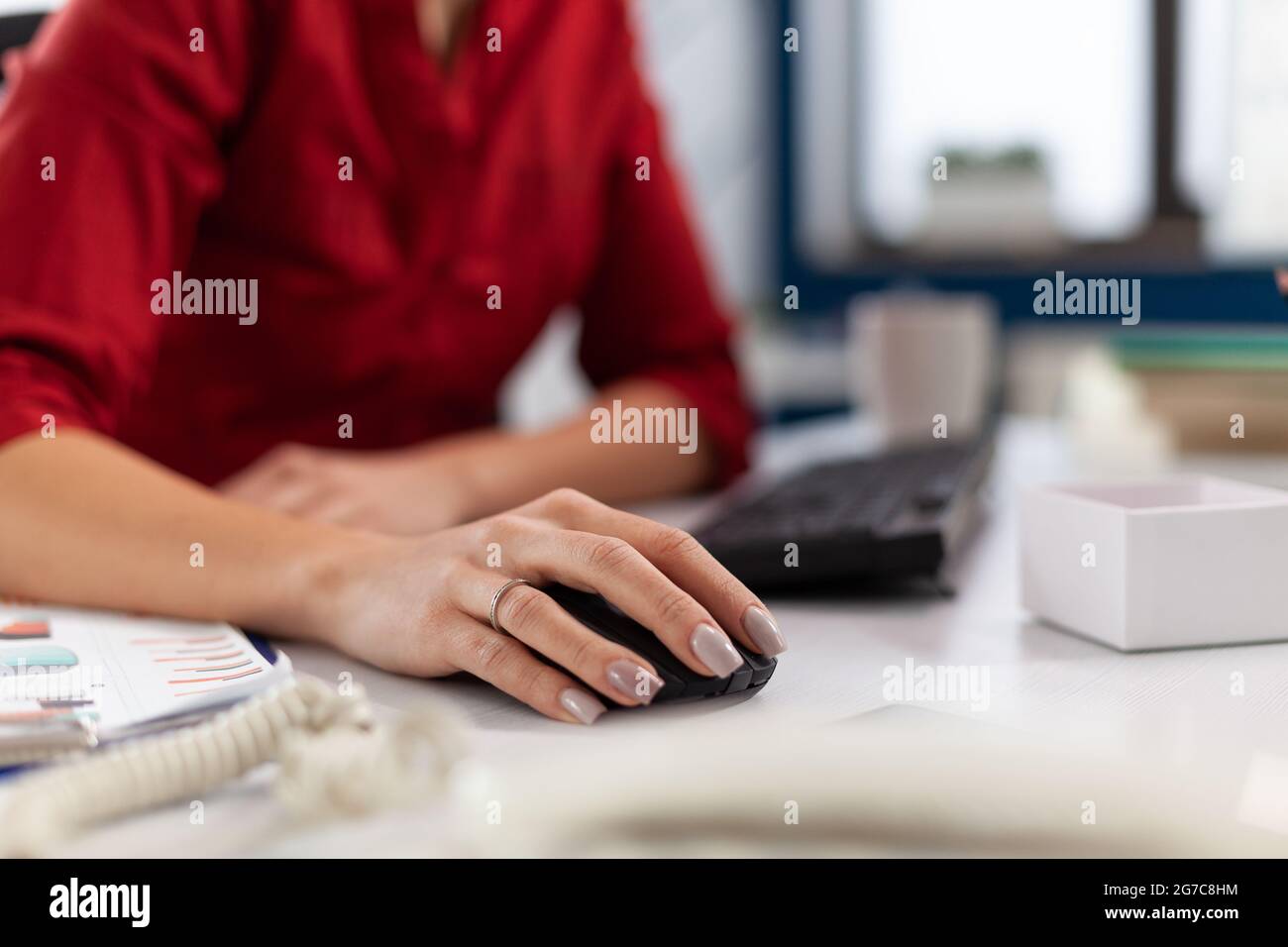 Close up view details of business woman hands in corporate office ...