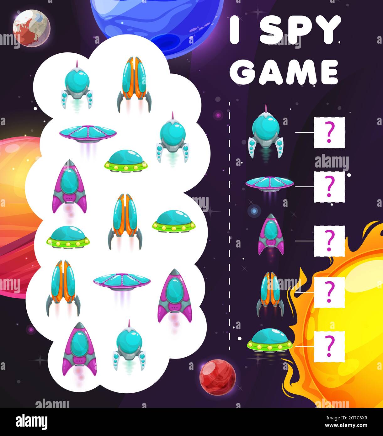I spy game, galaxy, planets and spaceships. Kids vector riddle with ...