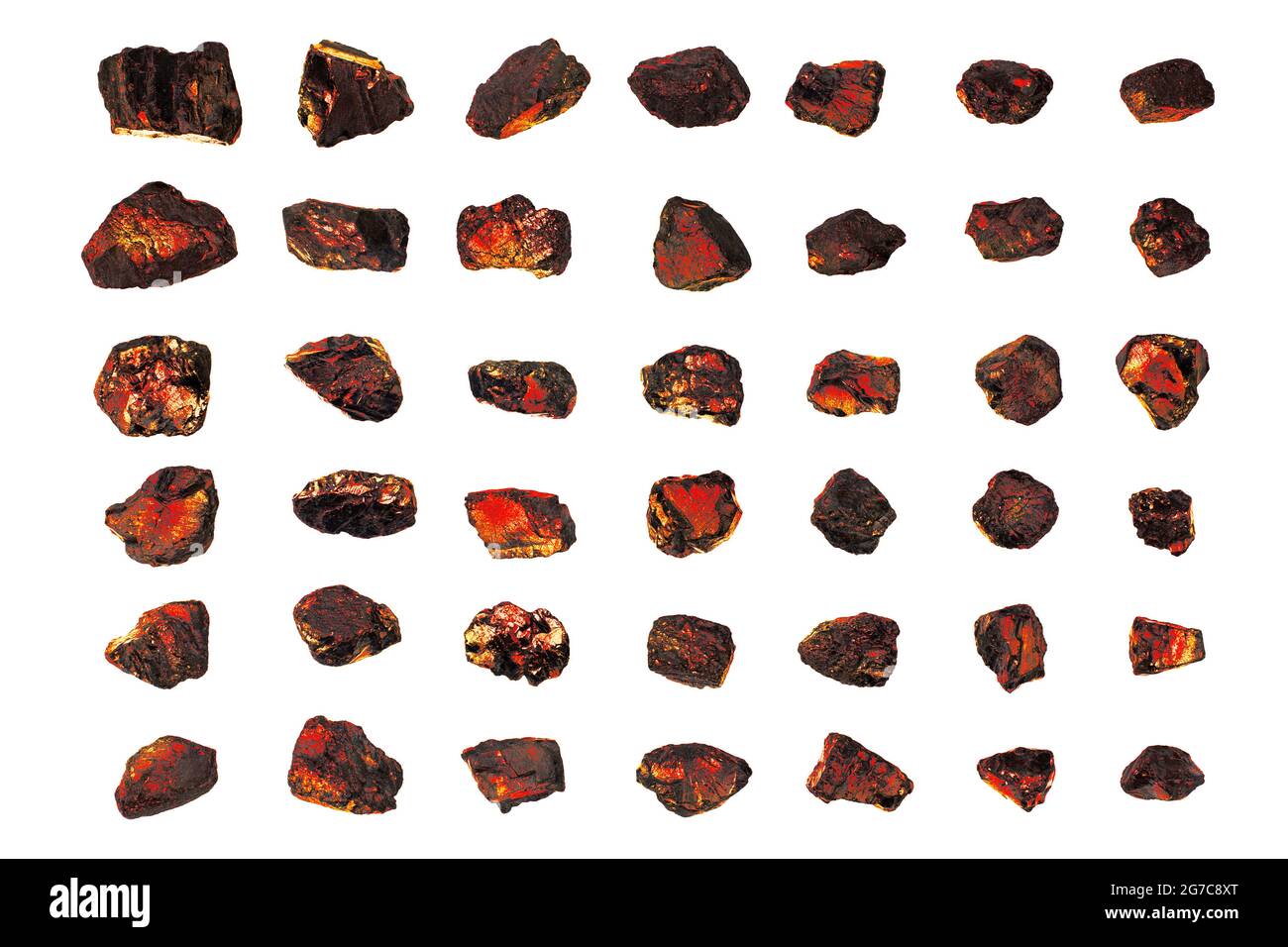 Red hot coal stones set isolated white, burning natural black charcoal ...