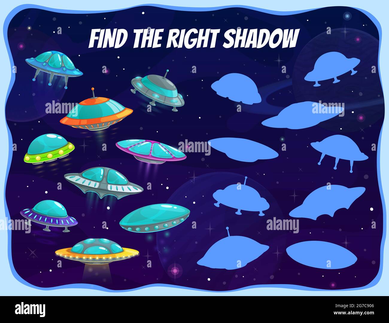 Space shadows kids game with spaceships, vector puzzle with alien ufo ...