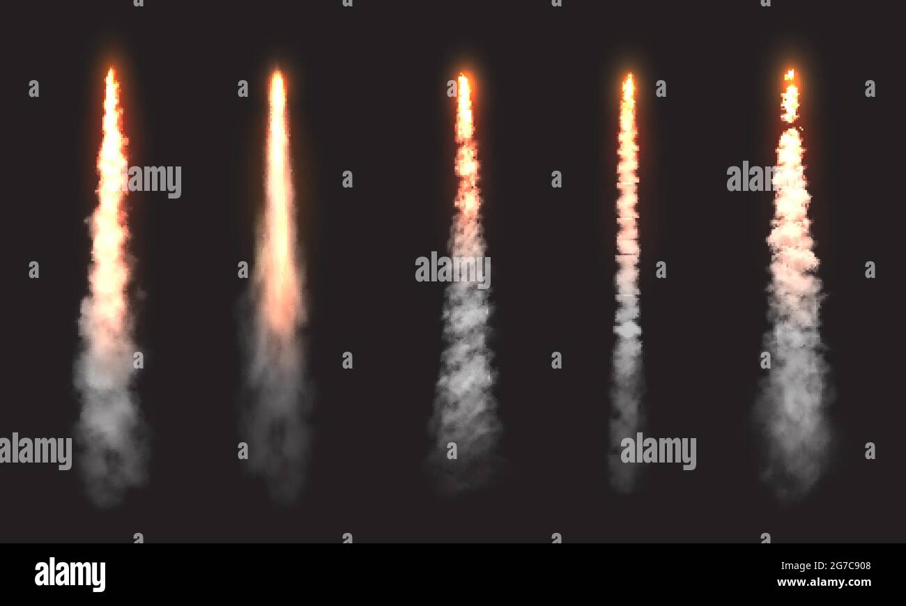 Rocket fire smoke trails, spacecraft startup launch clouds. Vector ...