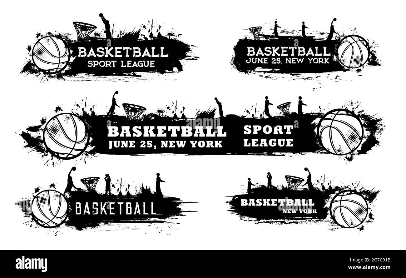 Basketball sport grunge banners with players, ball and basket black ...