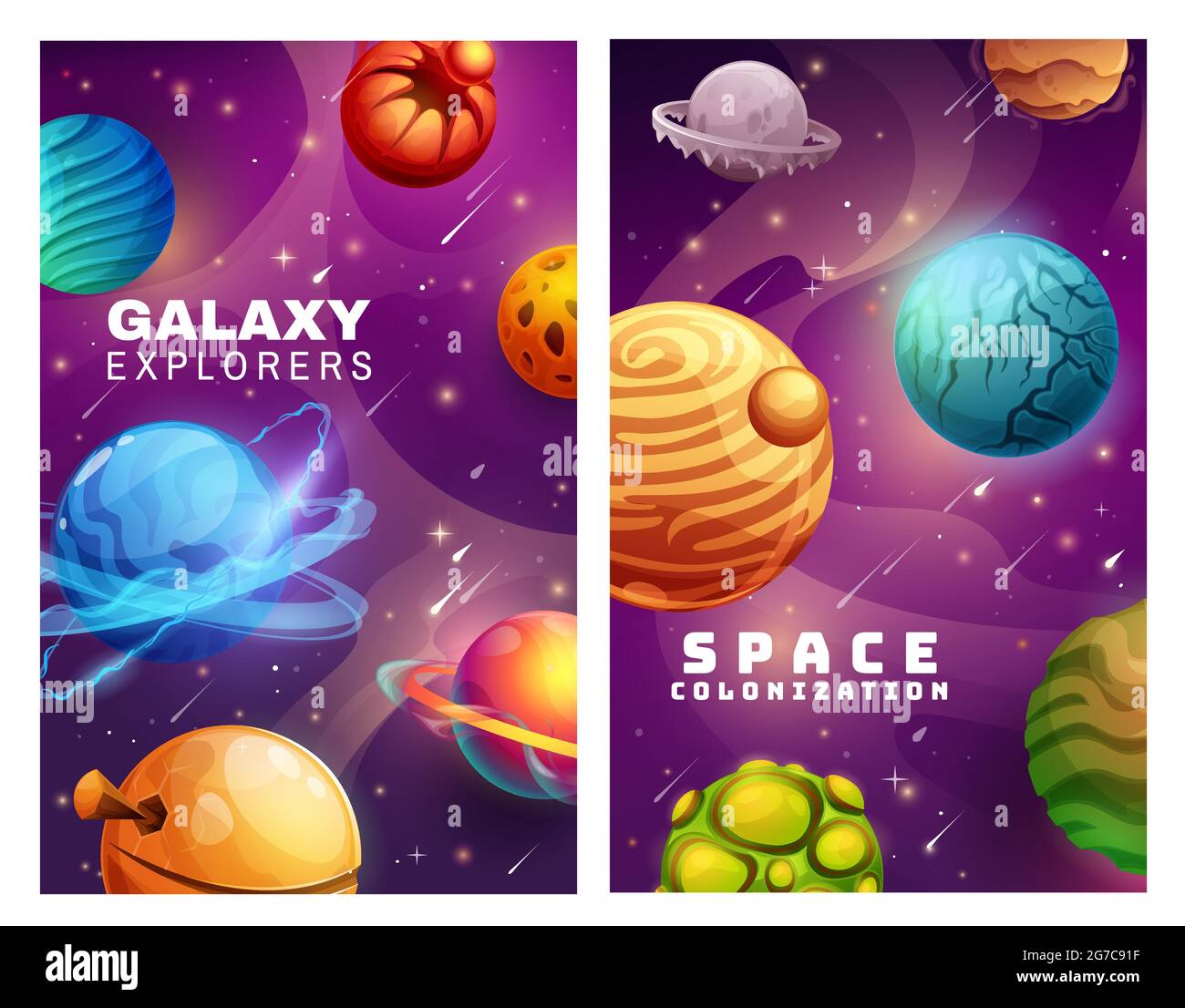 Galaxy and space colonization, cartoon planets and stars vector posters ...