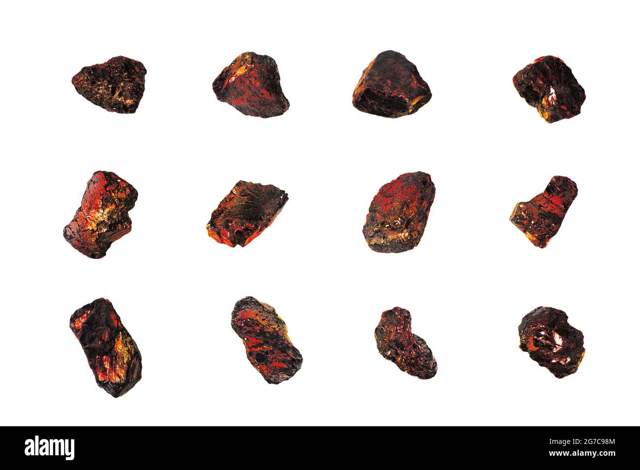 Red hot coal stones set isolated white, burning natural black charcoal ...