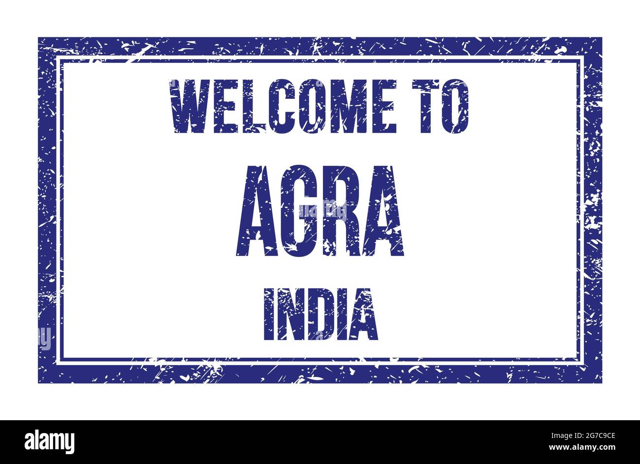 WELCOME TO AGRA - INDIA, words written on blue rectangle post stamp ...
