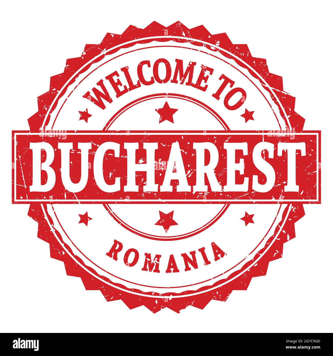 WELCOME TO BUCHAREST - ROMANIA, words written on red round zig zag ...