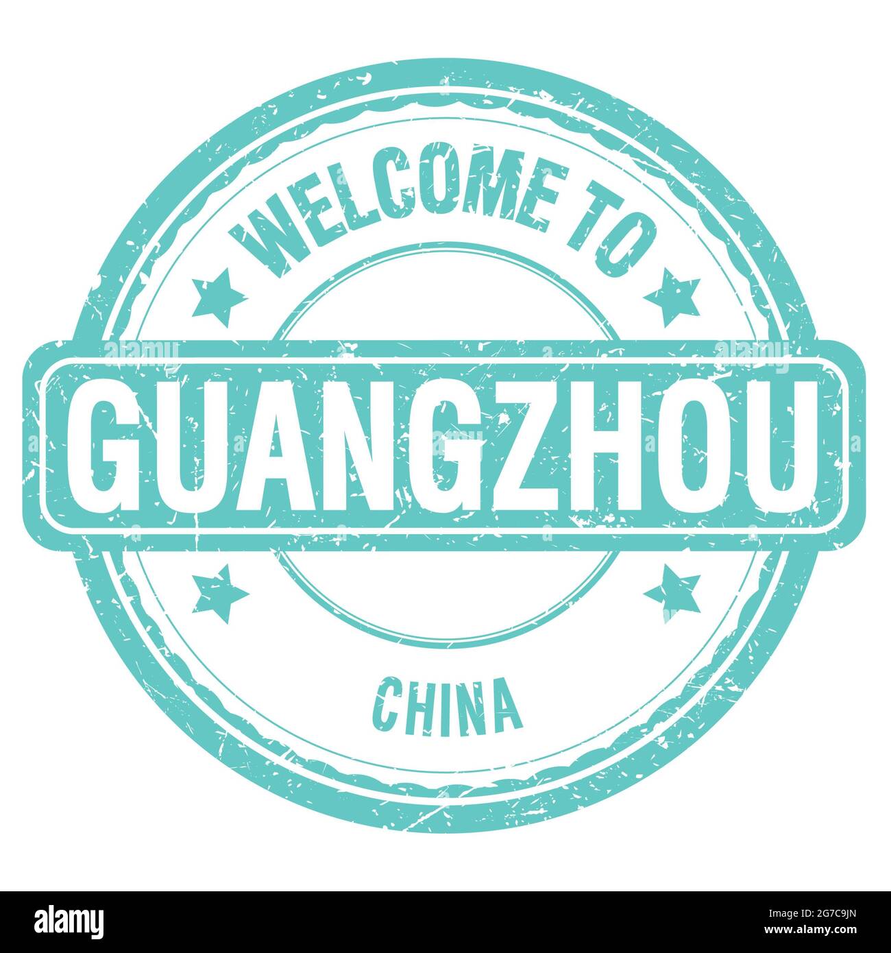 WELCOME TO GUANGZHOU - CHINA, words written on turquoise grungy stamp ...