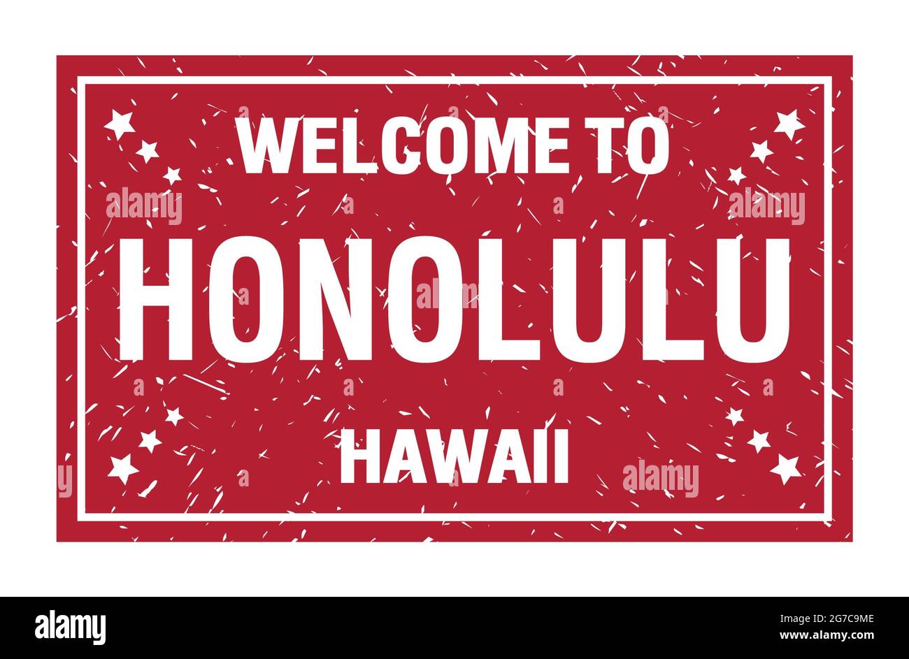 WELCOME TO HONOLULU - HAWAII, words written on red rectangle flag stamp ...