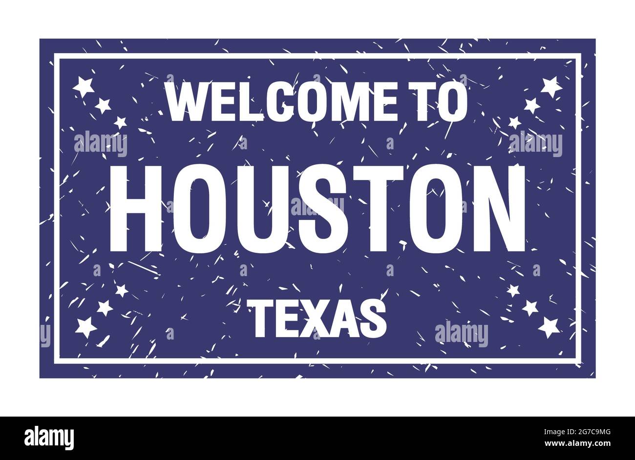WELCOME TO HOUSTON - TEXAS, words written on blue rectangle flag stamp ...