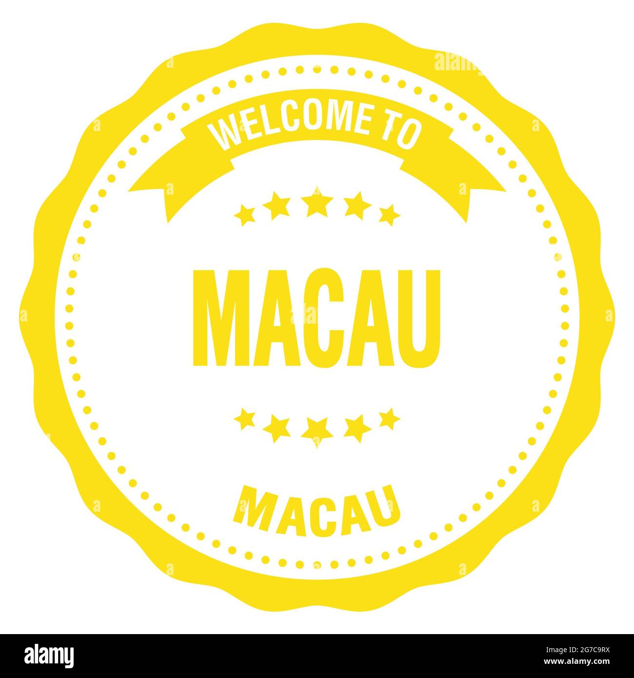 WELCOME TO MACAU - MACAU, words written on yellow round badge stamp ...
