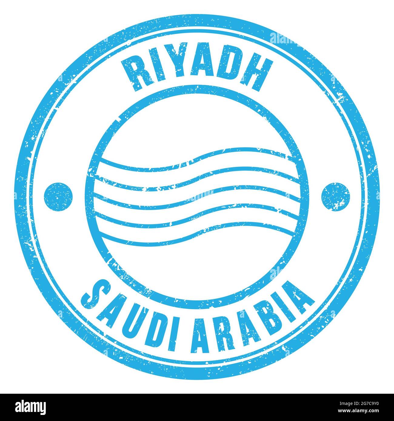 RIYADH - SAUDI ARABIA, words written on blue round postal stamp Stock ...
