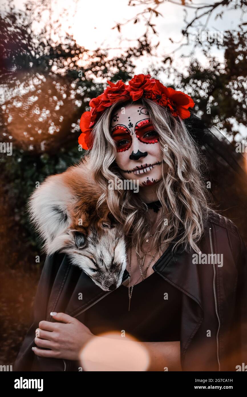 Happy Halloween concept. Scared horrible female sitting in special ...