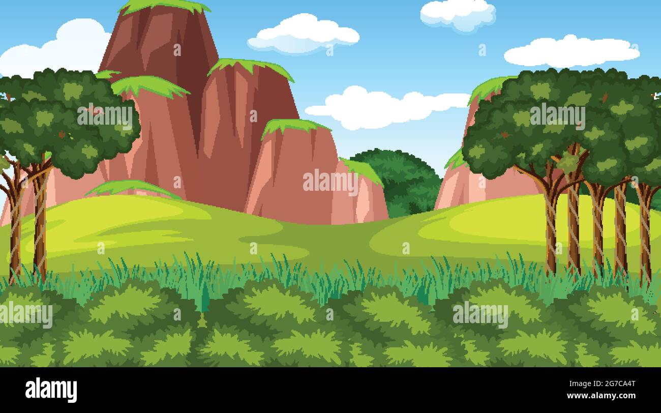 Forest scene with various forest trees and cliff illustration Stock ...