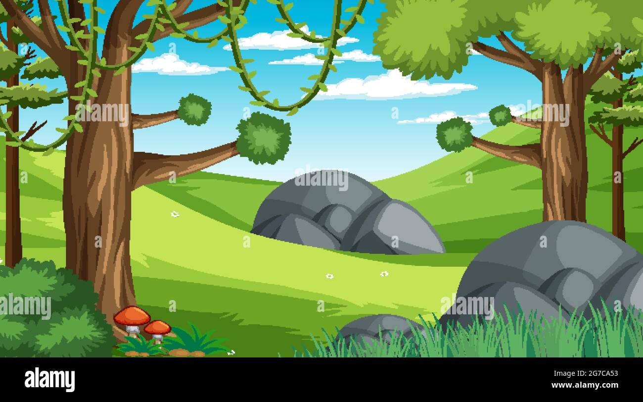 Forest at daytime scene with various forest plant and tree illustration ...