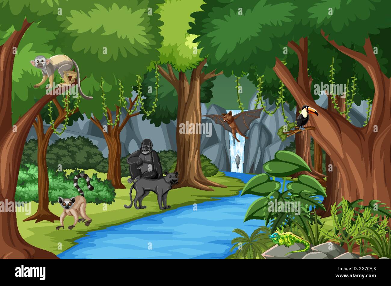 Nature scene with stream flowing through the forest with wild animals ...