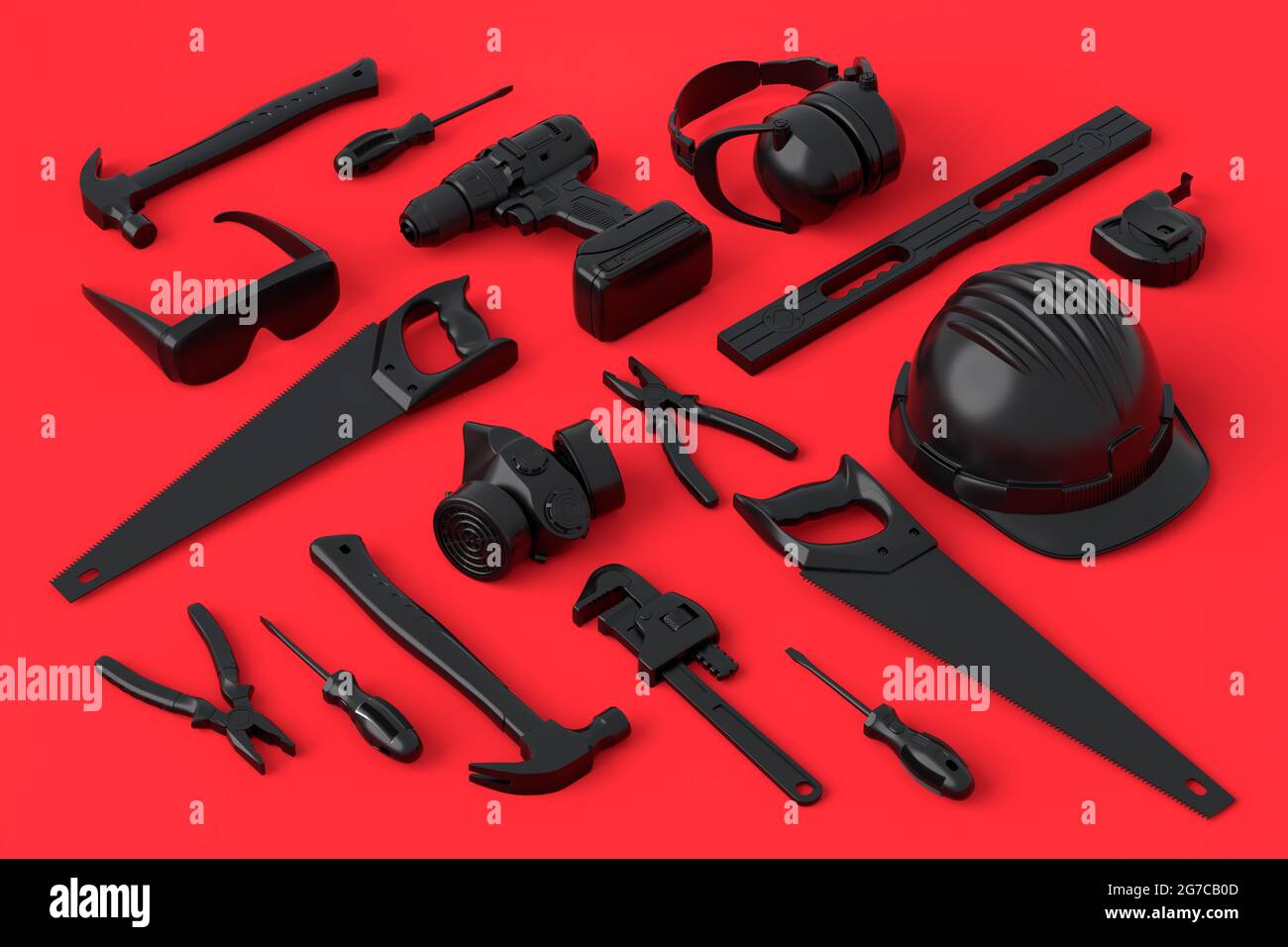 Isometric view of monochrome construction tools for repair and ...