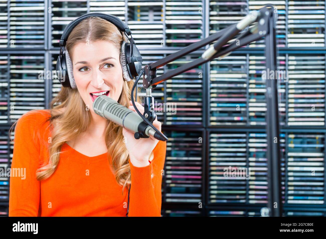 Female Presenter or host in radio station hosting show for radio live ...