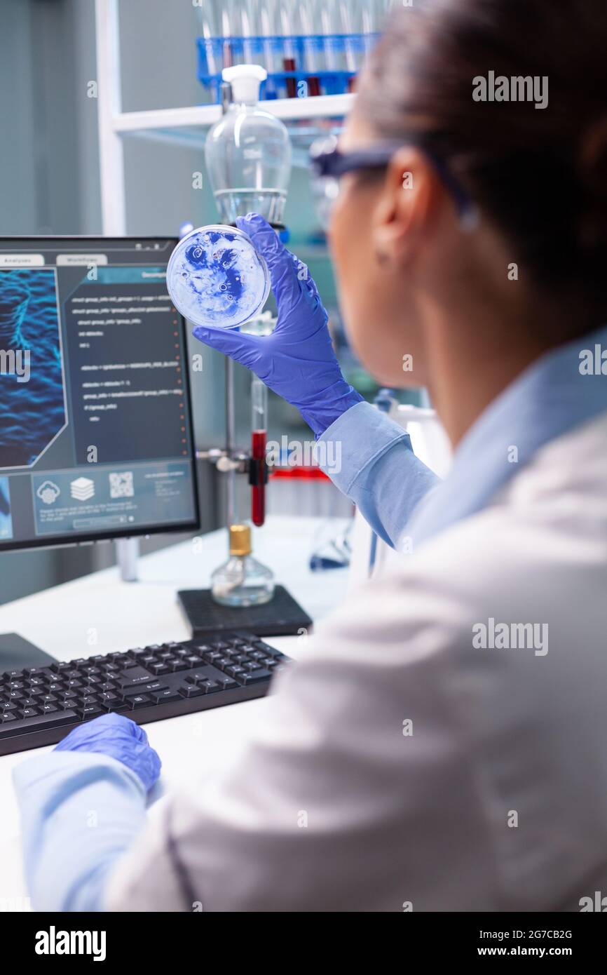 Biologist woman looking at bacteria virus using medical petri dish ...