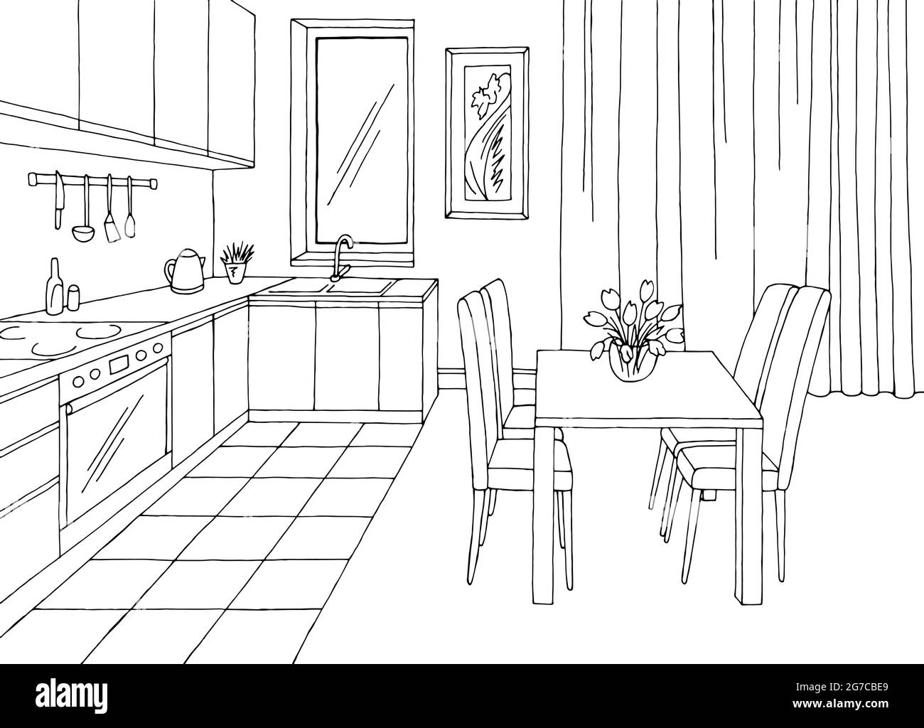 Kitchen room graphic black white home interior sketch illustration ...