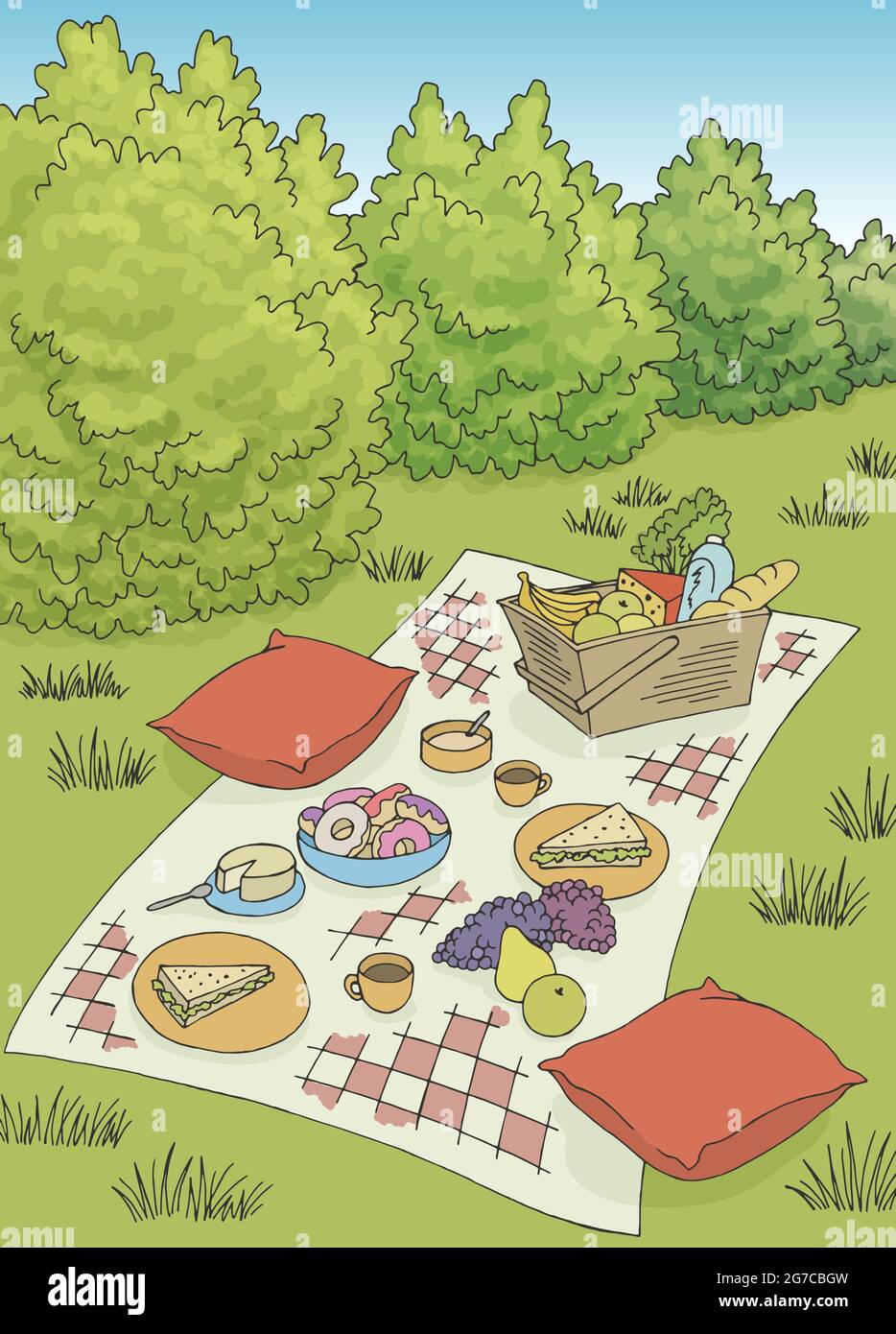 Picnic vertical graphic color landscape sketch illustration vector ...