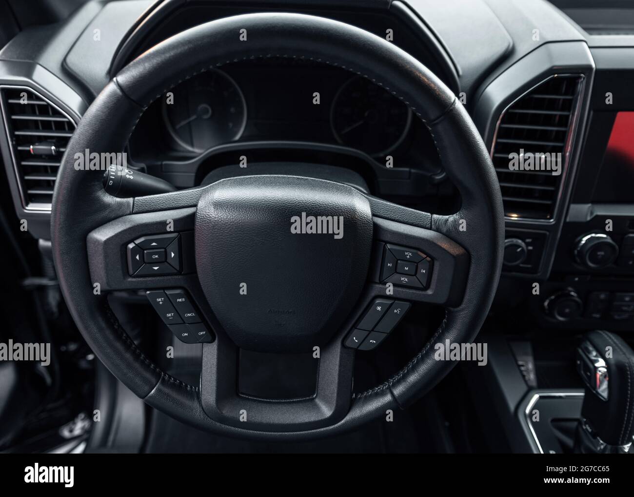 Car steering wheel. vehicle interior. Interior view of car with black ...