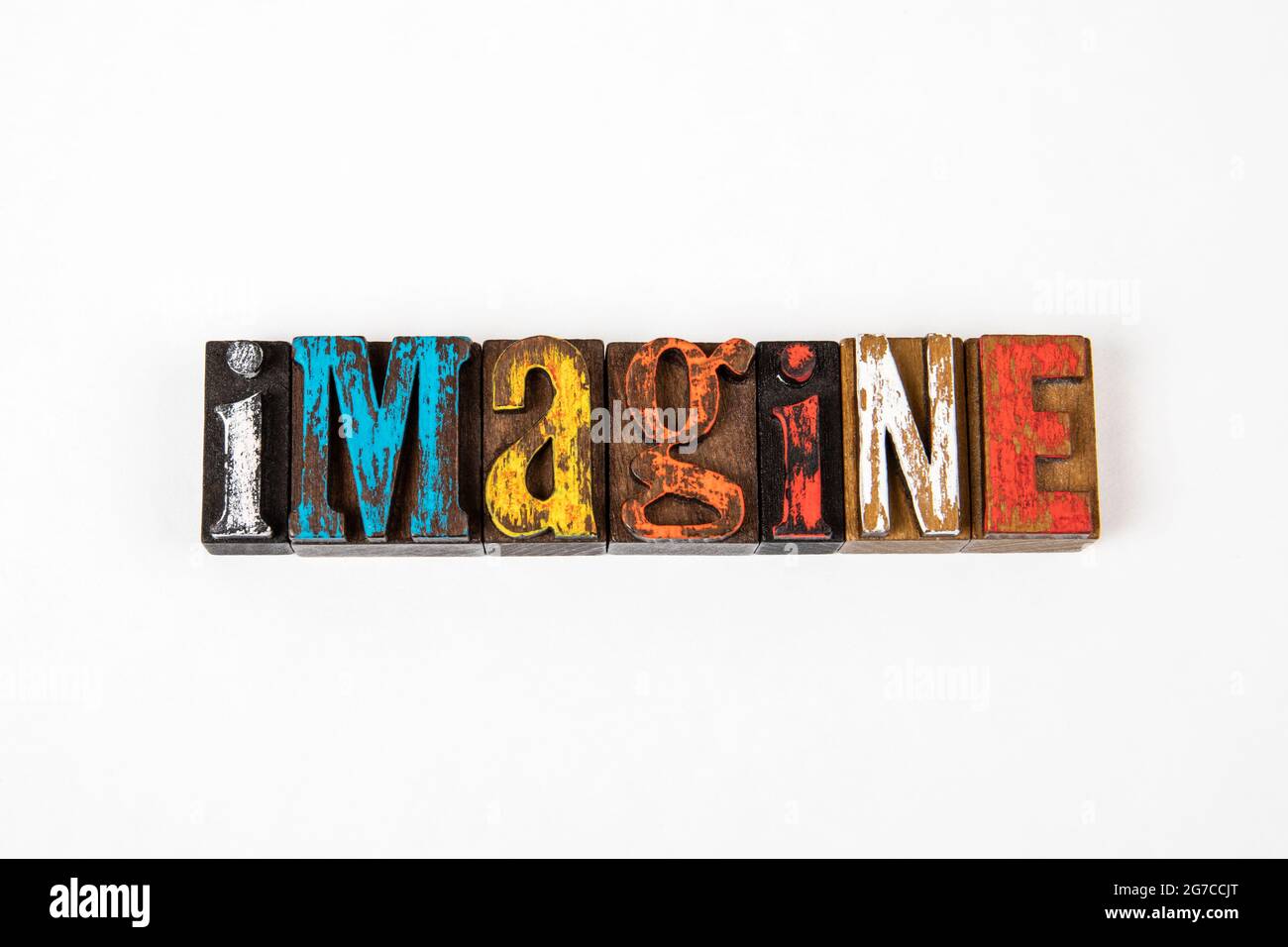 IMAGINE. Colored wooden alphabet letters on a white background Stock ...