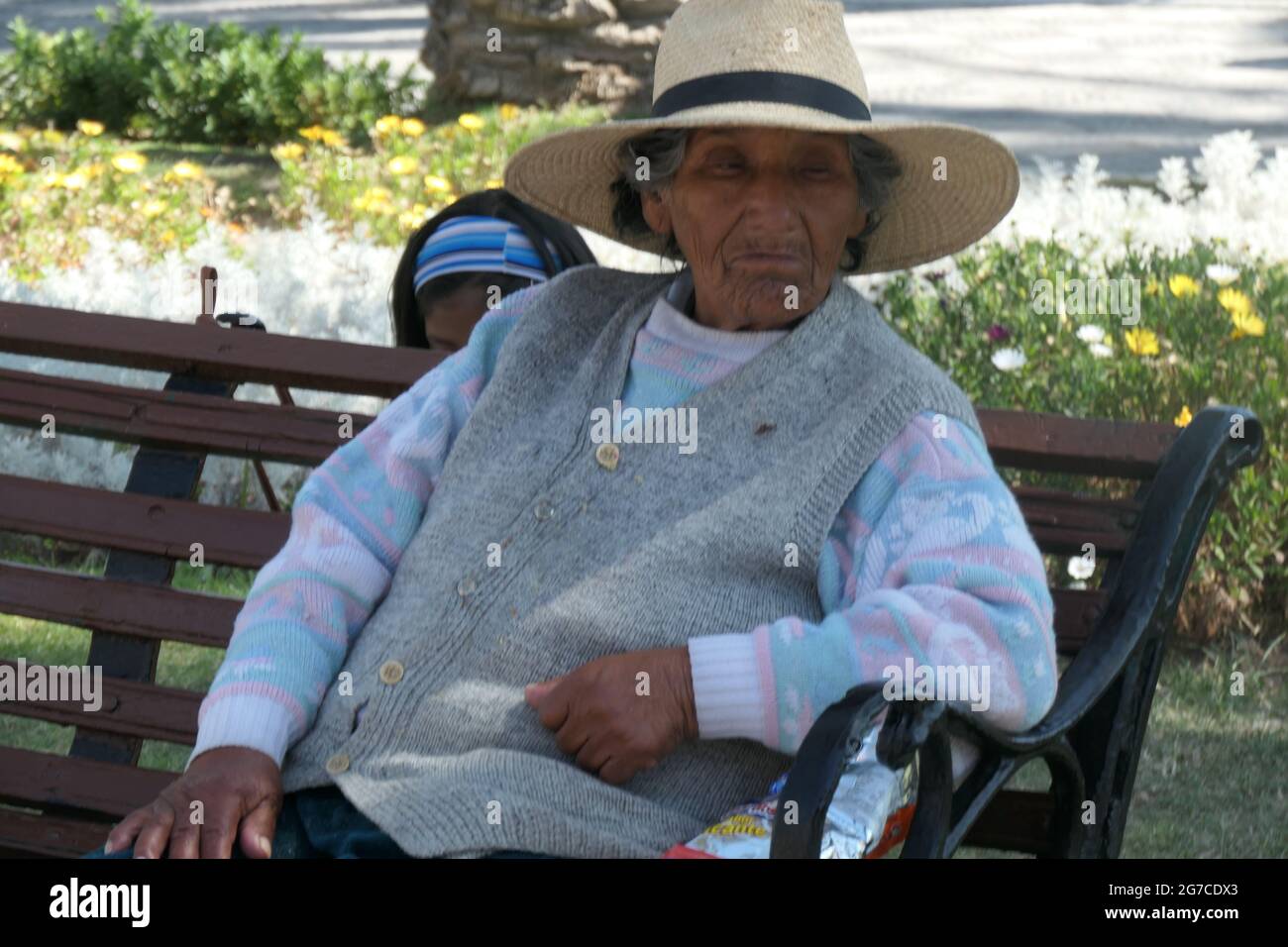 elderly man on a park bench with hat on in Arequipa Peru Stock Photo ...