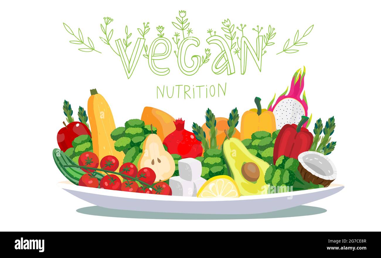 Big plate with vegan foods - fresh raw vegetables and fruits. Vector ...