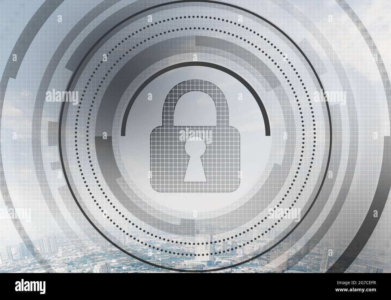 Virtual locking mechanism on background downtown Stock Photo - Alamy
