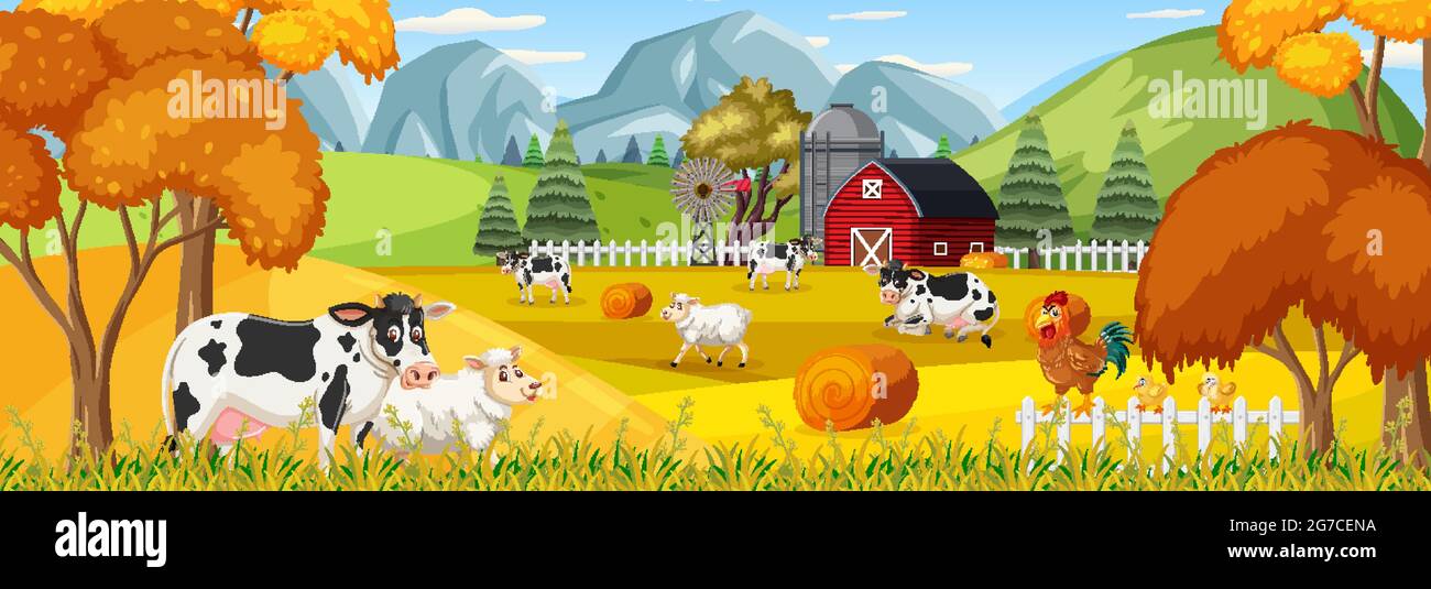Farm horizontal landscape scene with farm animals illustration Stock ...