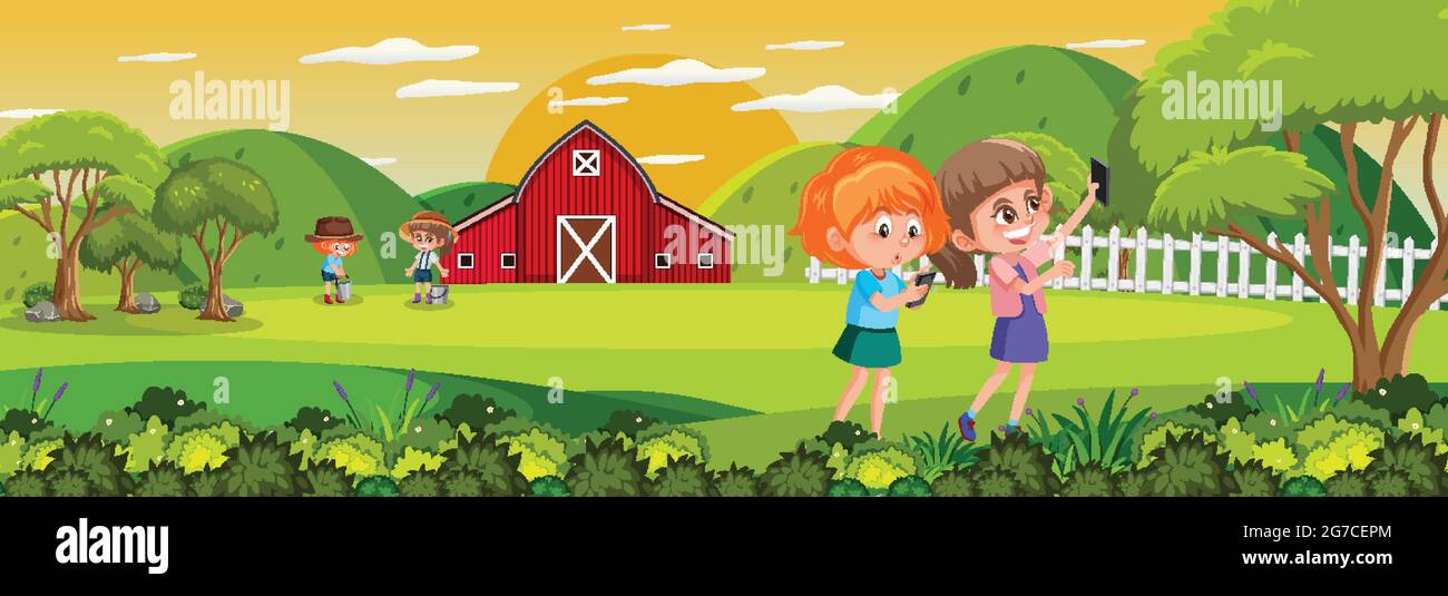 Farm horizontal landscape scene with kids cartoon character ...