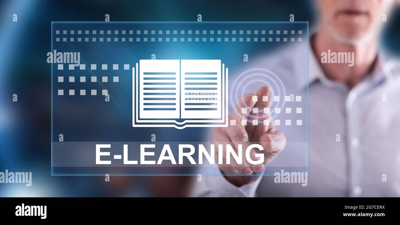 Man touching an e-learning concept on a touch screen with his finger ...
