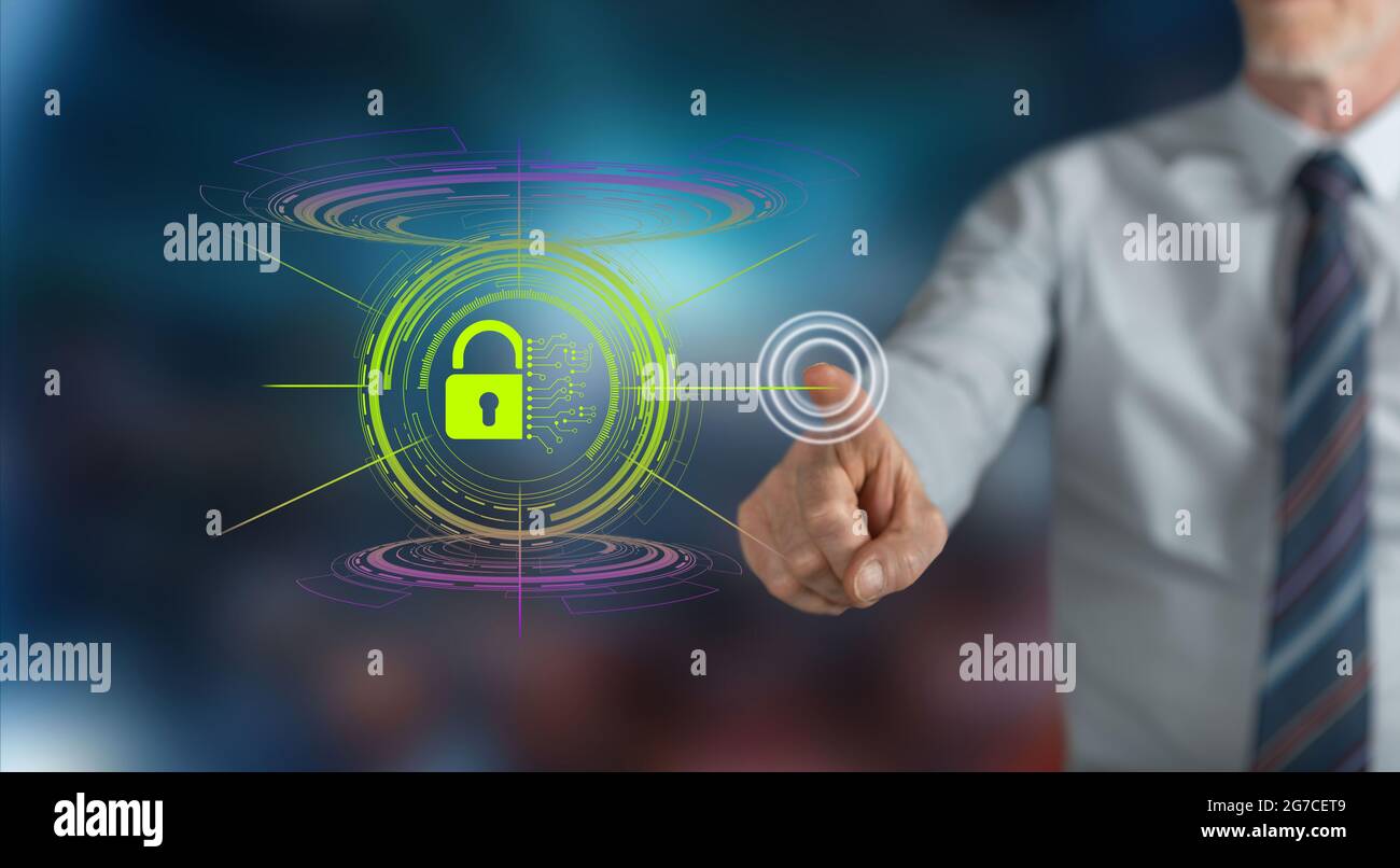 Man touching a cybersecurity concept on a touch screen with his finger ...