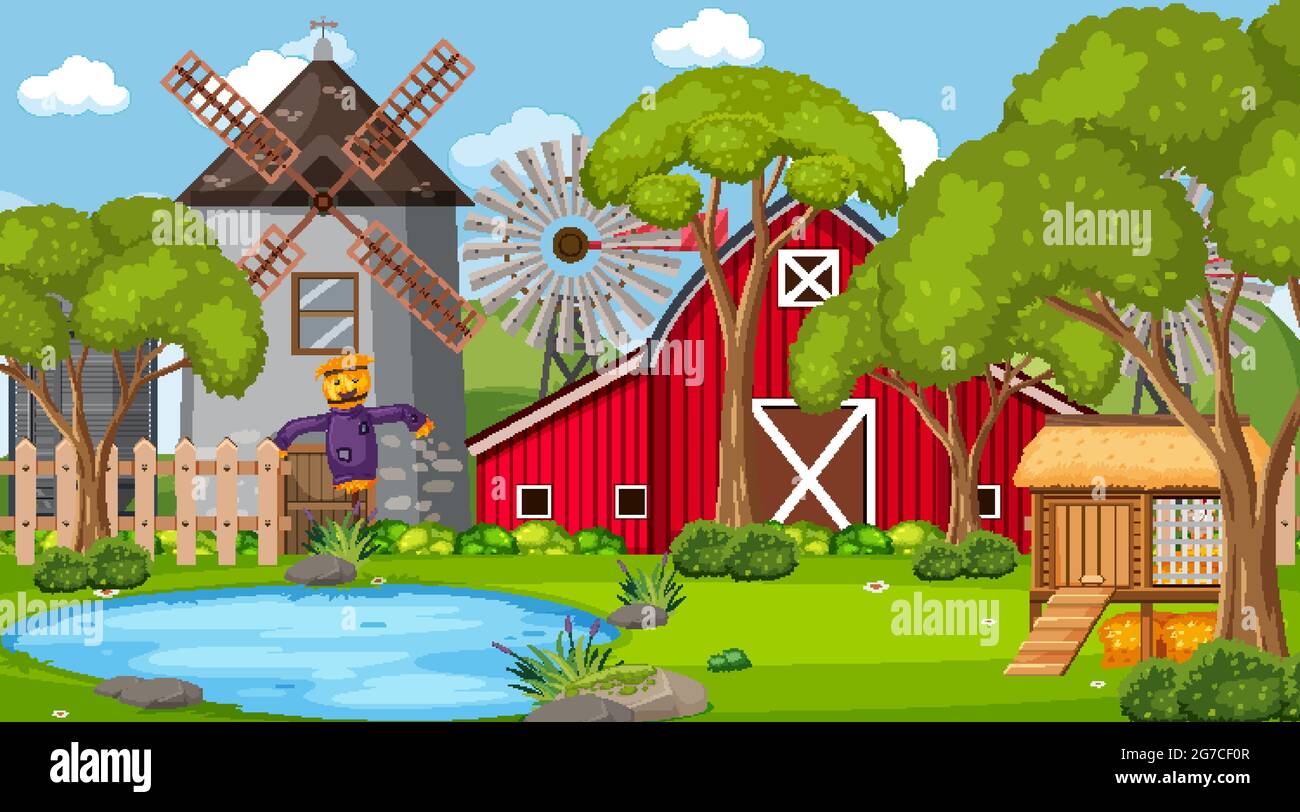 Empty farm scene with red barn and windmill illustration Stock Vector ...