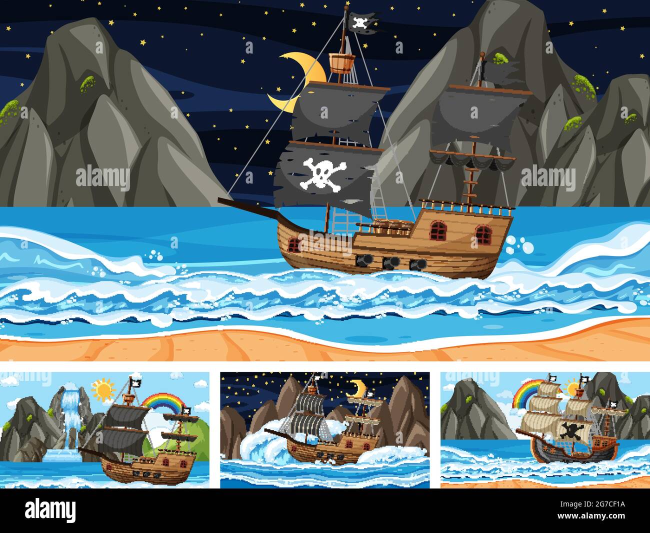 Set of Ocean with Pirate ship at different times scenes in cartoon ...