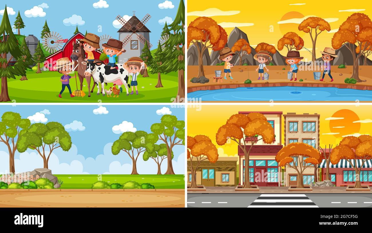 Four different scenes with children cartoon character illustration ...