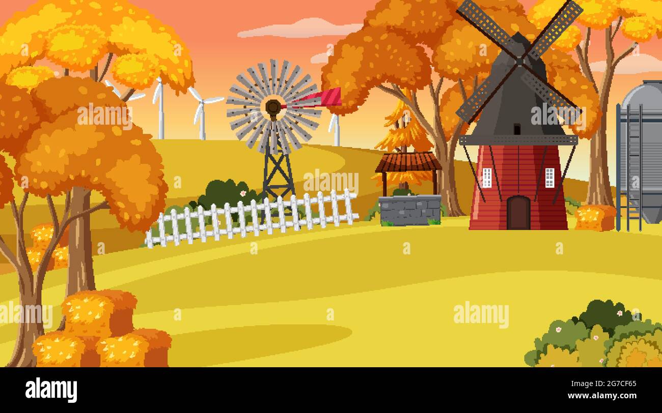 Empty farm at sunset time scene with windmill illustration Stock Vector ...