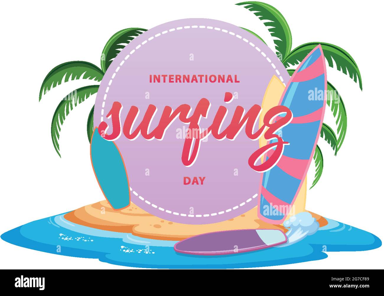 International Surfing Day font banner on the island isolated ...