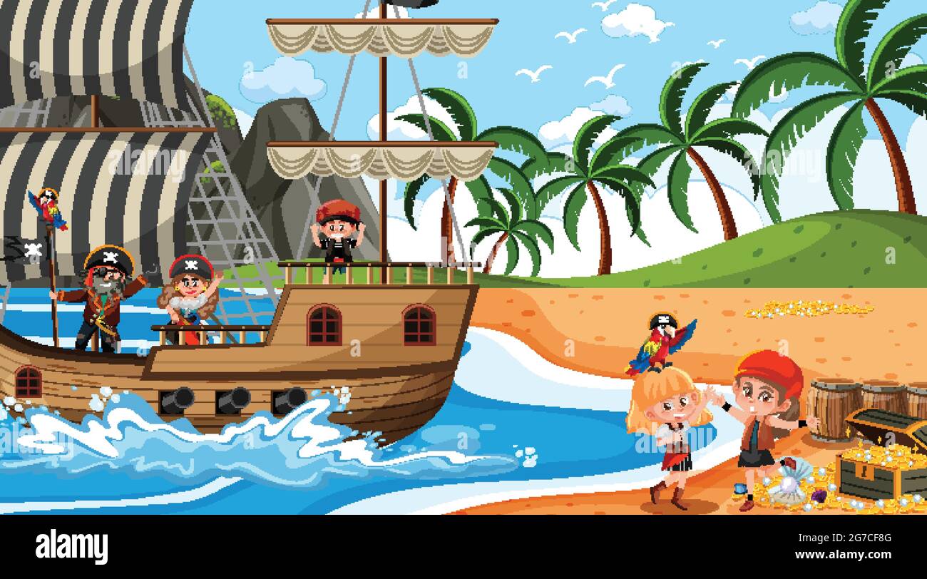 Treasure Island scene at daytime with Pirate kids illustration Stock ...