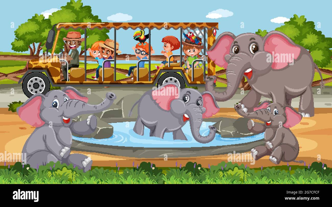 Elephant group in Safari scene at day time with children in the tourist ...