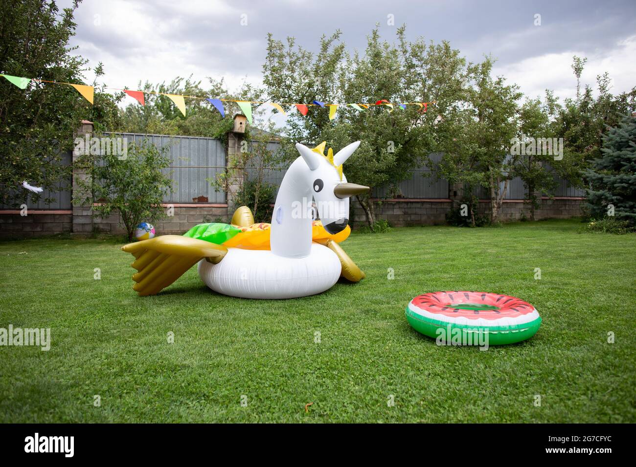 beautiful summer inflatable swimming circles on the green grass Stock ...
