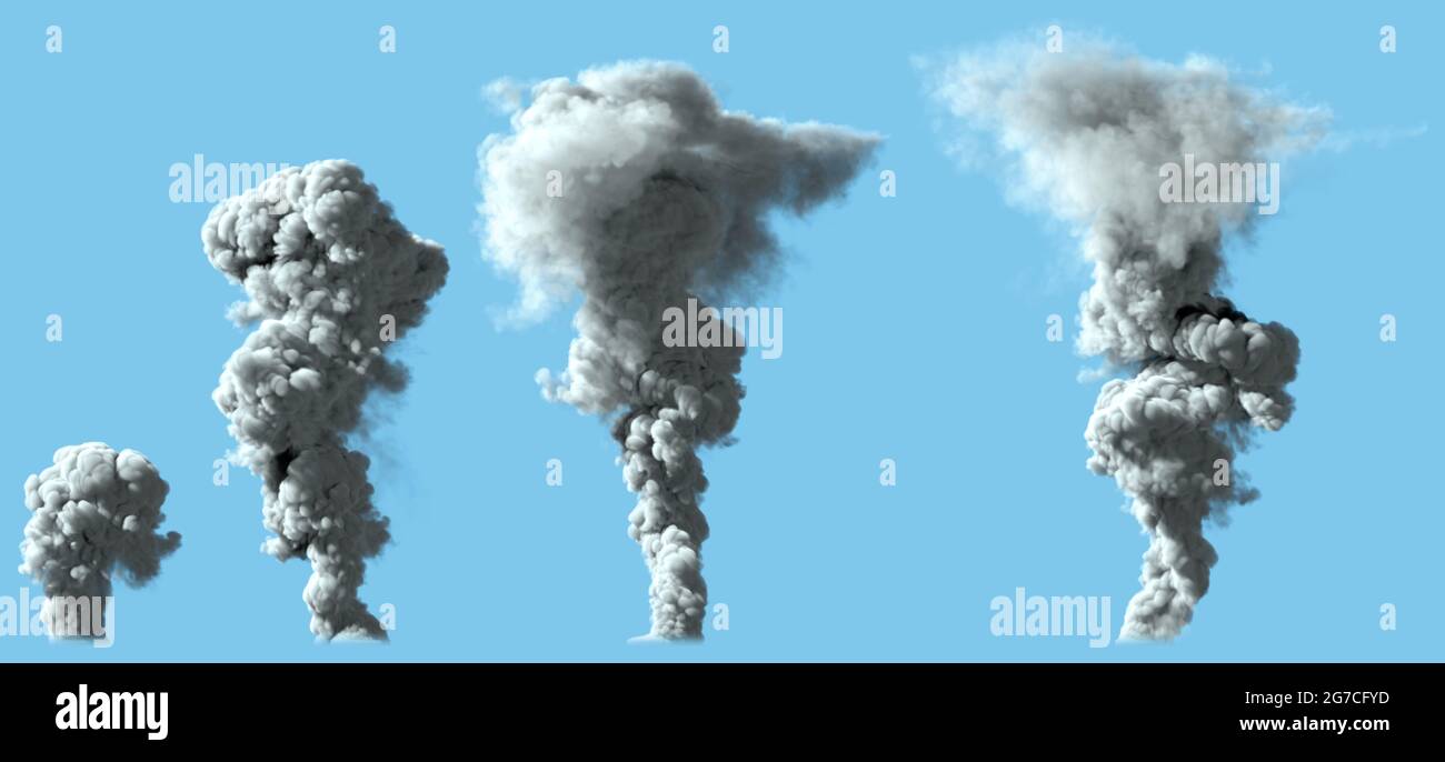 4 renders of dense gray smoke column as from volcano or big industrial ...