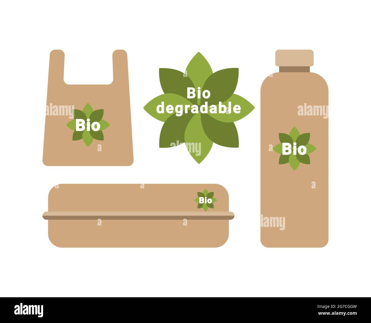 Set of biodegradable packaging bag box container bottle. Ecology ...