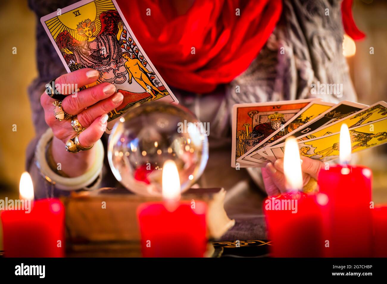 Female Fortuneteller or esoteric Oracle, sees in the future by playing ...