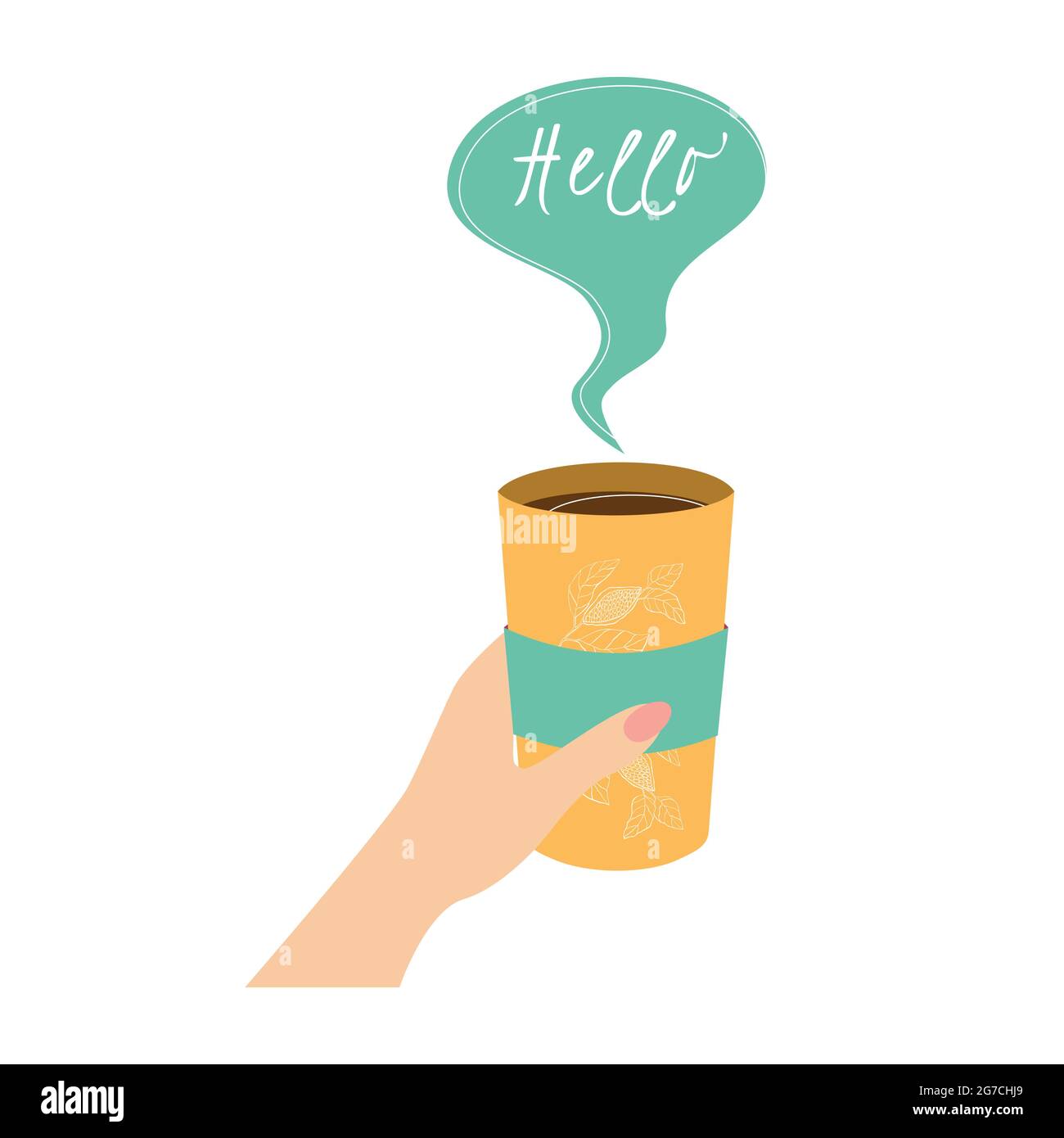 Coffee in a cup, hand holds, a speech bubble with the inscription Hello ...