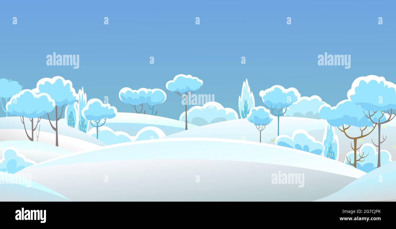 Rural winter. Snowy beautiful landscape. Cartoon style. Snowdrifts ...