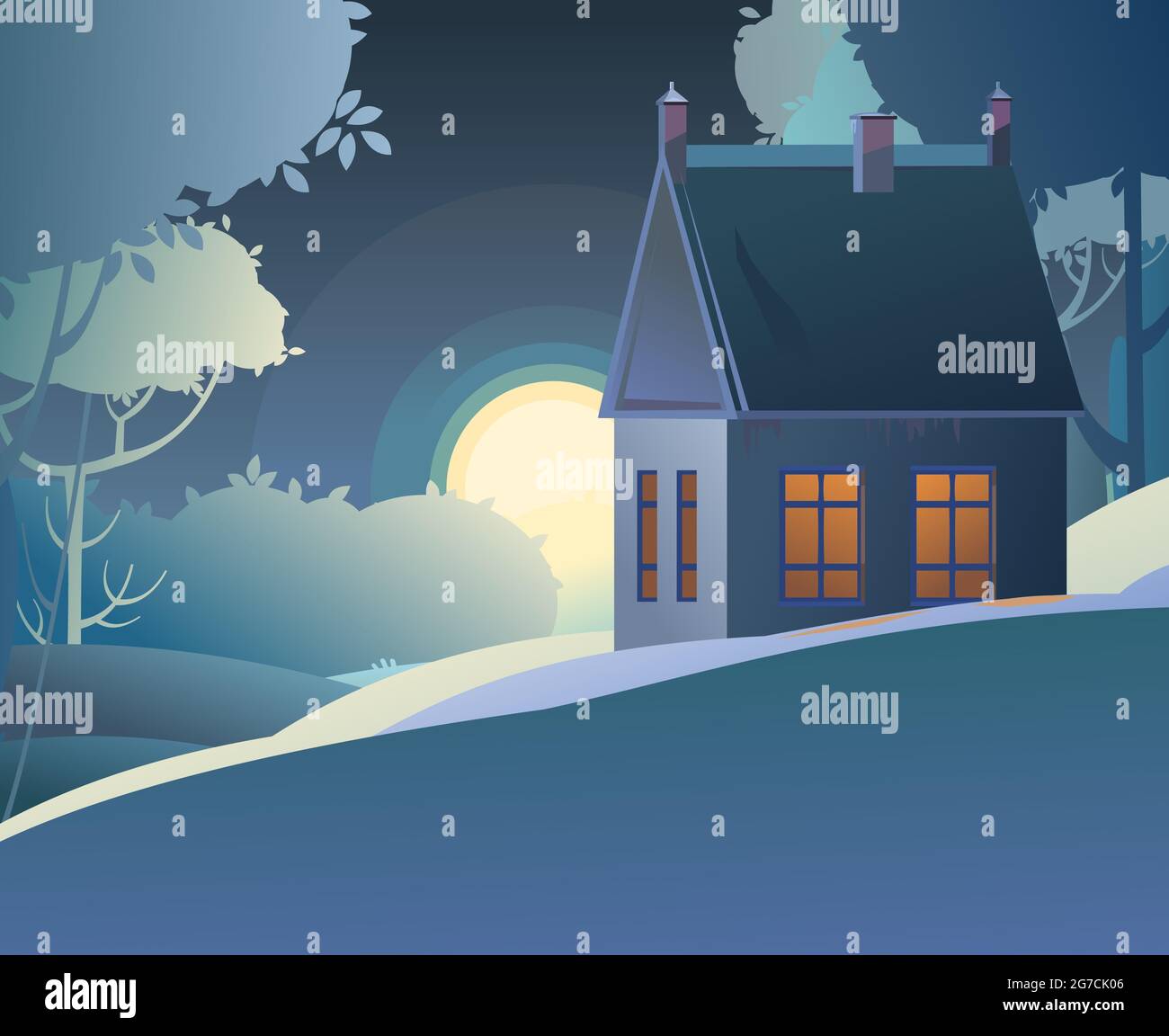 Rural house at night with glowing windows. Natural landscape with the ...