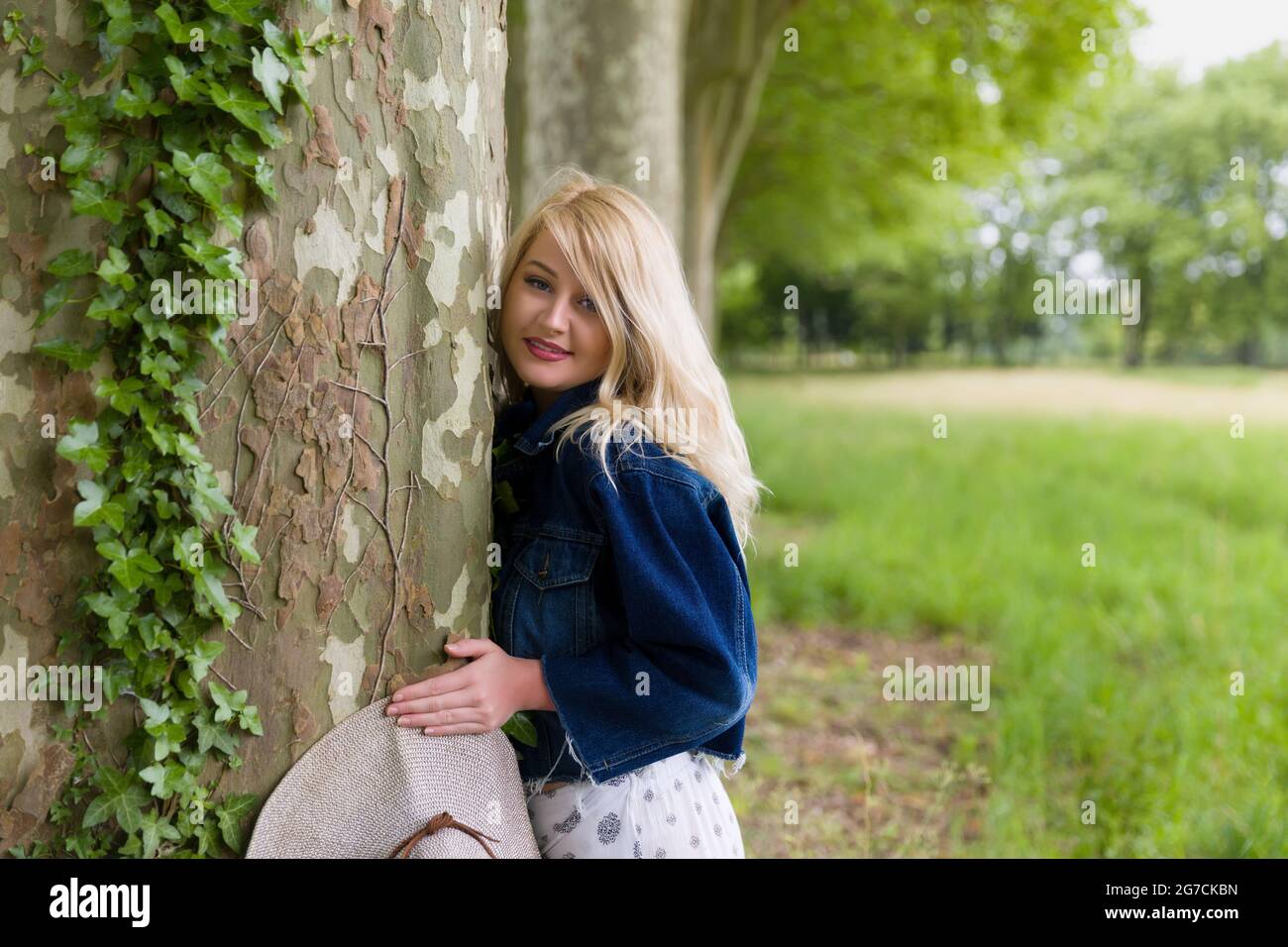 Beautiful young blonde woman hugging a huge old tree Stock Photo - Alamy
